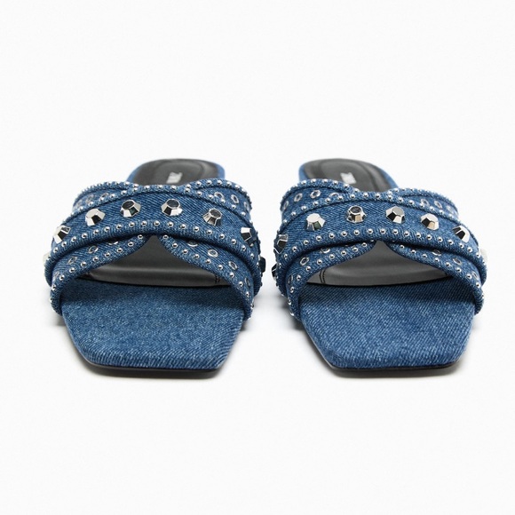 Zara | Shoes | Zara Studded Flat Denim Sandals Nwt | Poshmark
